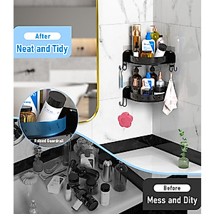 360°Rotating Corner Shower Caddy Shelf With 6 Hooks,2PACK Bathroom Lazy Susan Shower Organizer Corner with 5Pcs Adhesive,Stainless Steel Shower Racks for Inside Shower for Home Apartment Decor(Black）