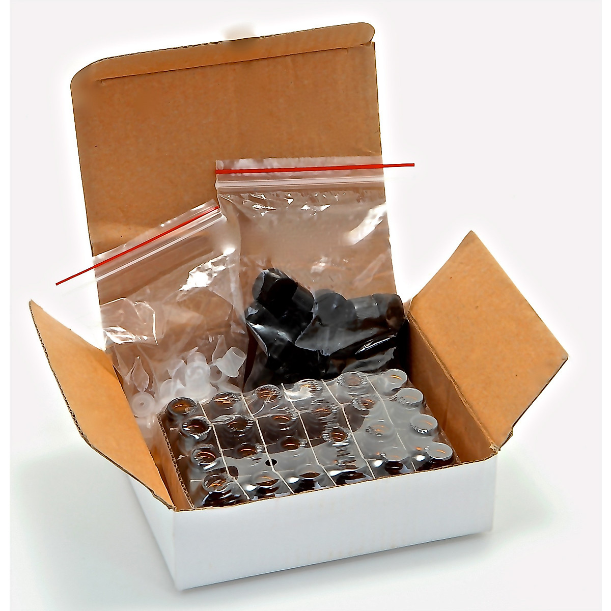 24, Amber, 2 ml (5/8 Dram) Glass Bottles, with Orifice Reducers and Black Caps