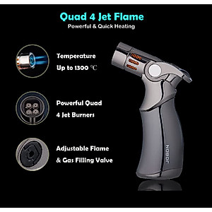 4 Jet Flame Torch Lighter, Windproof Refillable Butane Adjustable Flame Lighter for Kitchen Torch Cooking, Brulee Creme, Desserts, BBQ and Baking (Butane Gas Not Included)