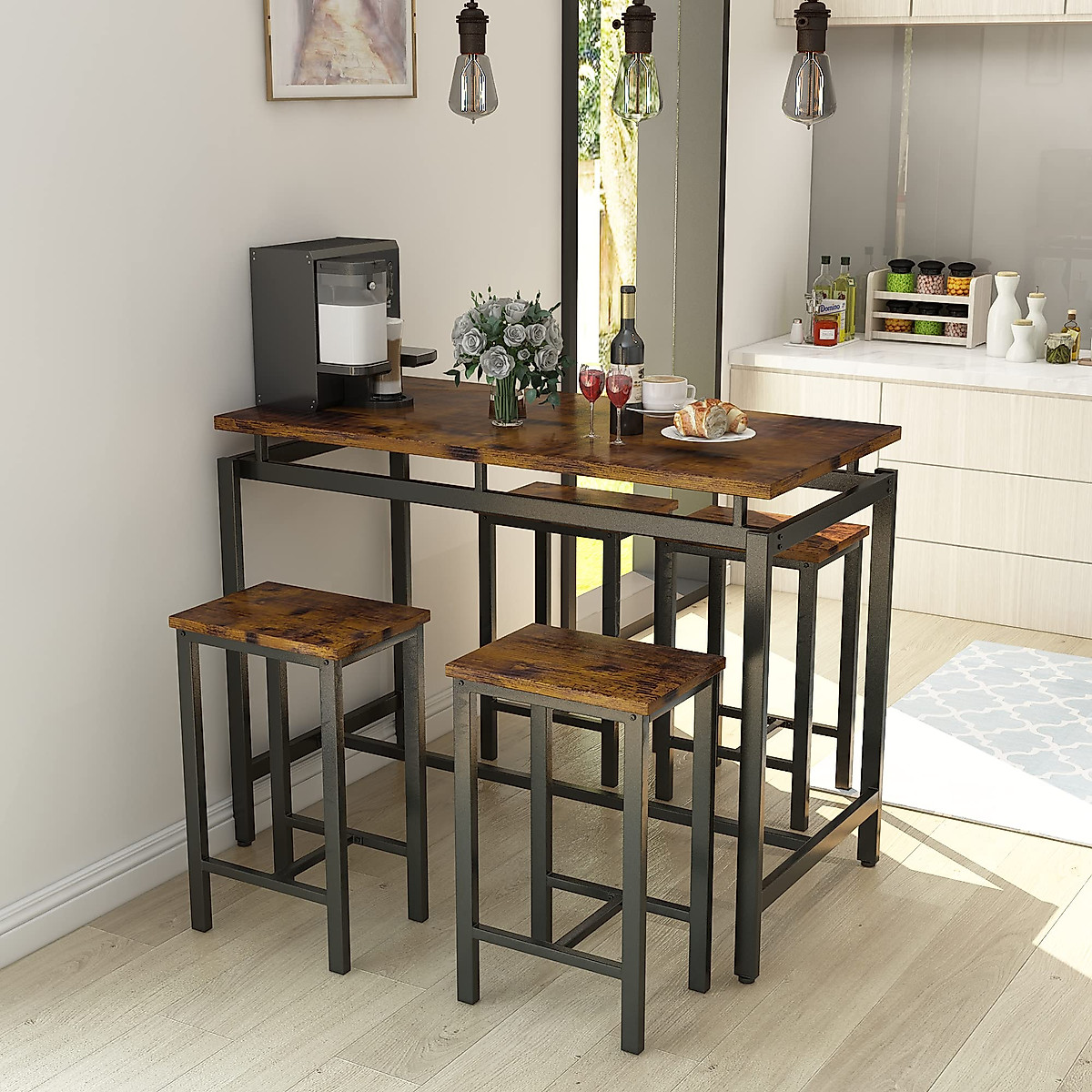 AWQM Bar Table and Stools Set, Rectangle Dining Table Set for 4, Industrial Counter Height Kitchen Bar Table and Chairs Set for Breakfast Nook, Restaurant, Apartment, Small Spaces - Rustic Brown