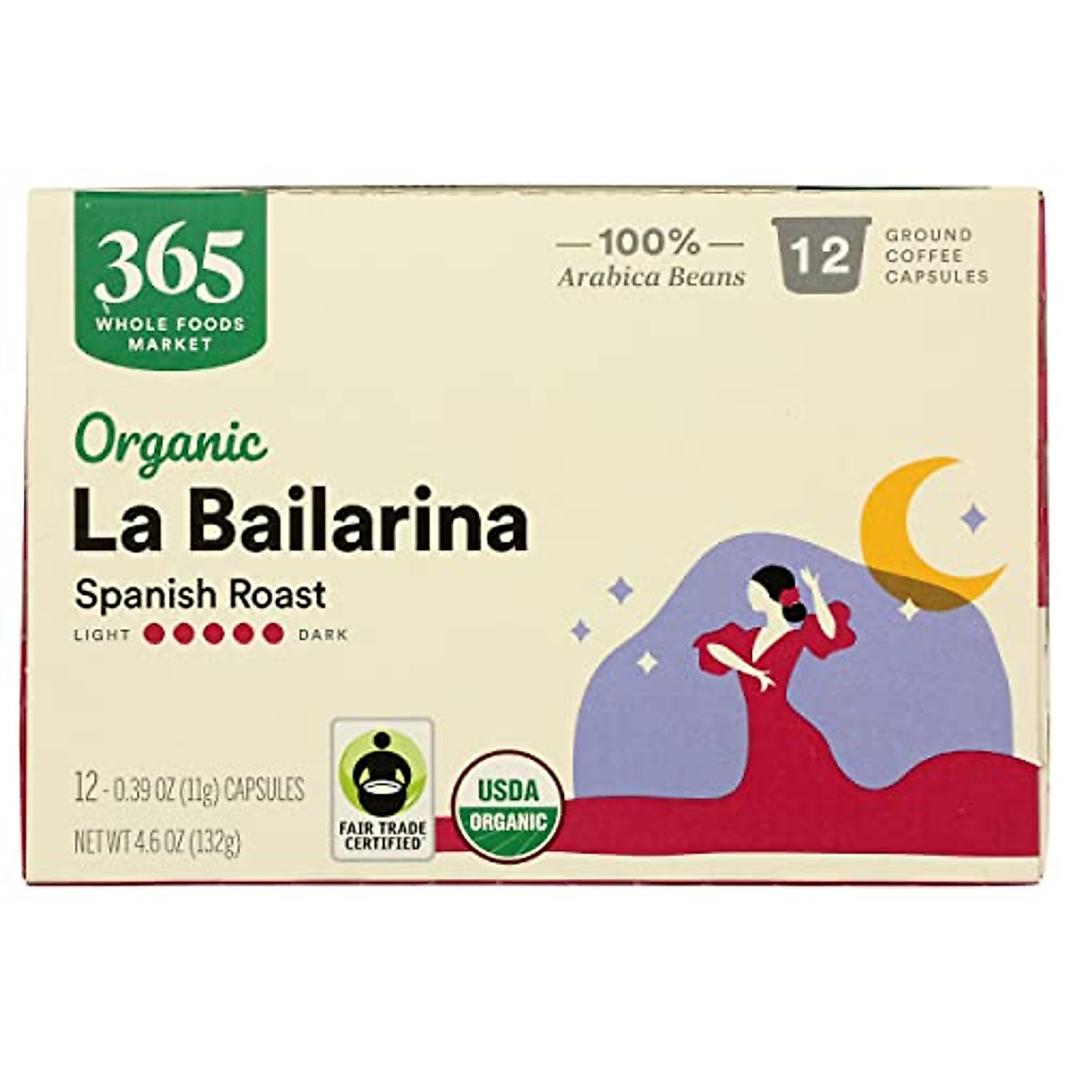 365 by Whole Foods Market, Coffee La Bailarina Spanish Roast Pods Organic 12 Count, 4.6 Ounce