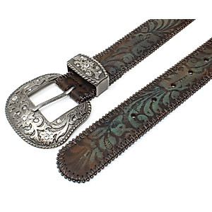 Western Scroll Buckle with Turquoise Tinted Embossed Brown Leather Belt (S)