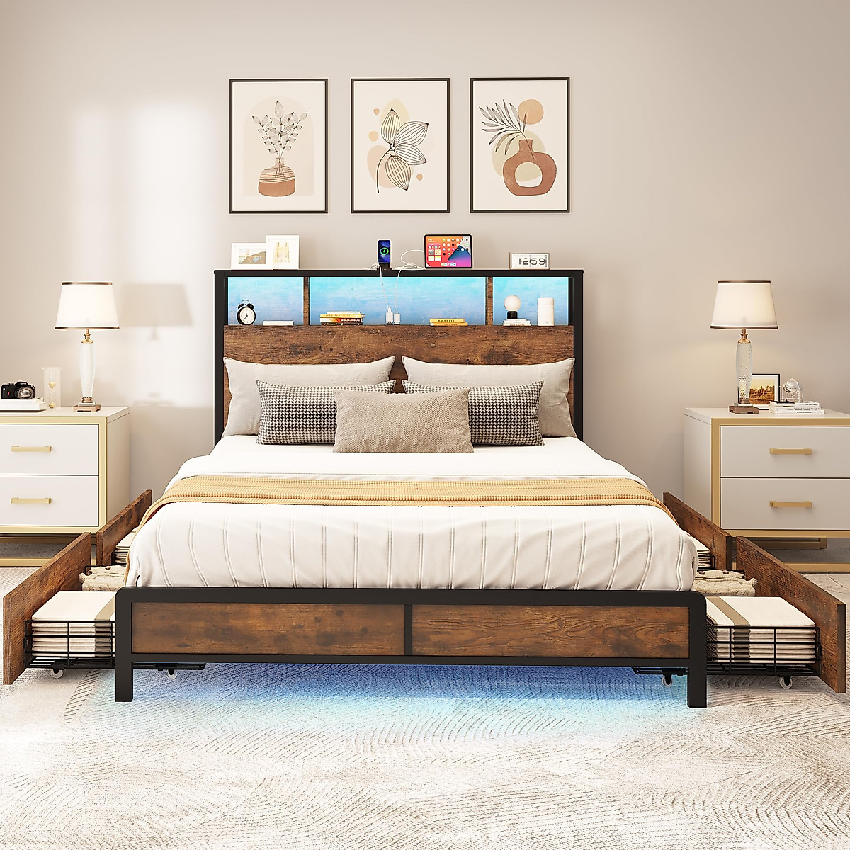 YITAHOME Queen Bed Frame with 4 Storage Drawers and Headboard, LED Lights and Charging Station with Metal Platform Bed Frame, No Box Spring Needed, Fast Assembly - Brown