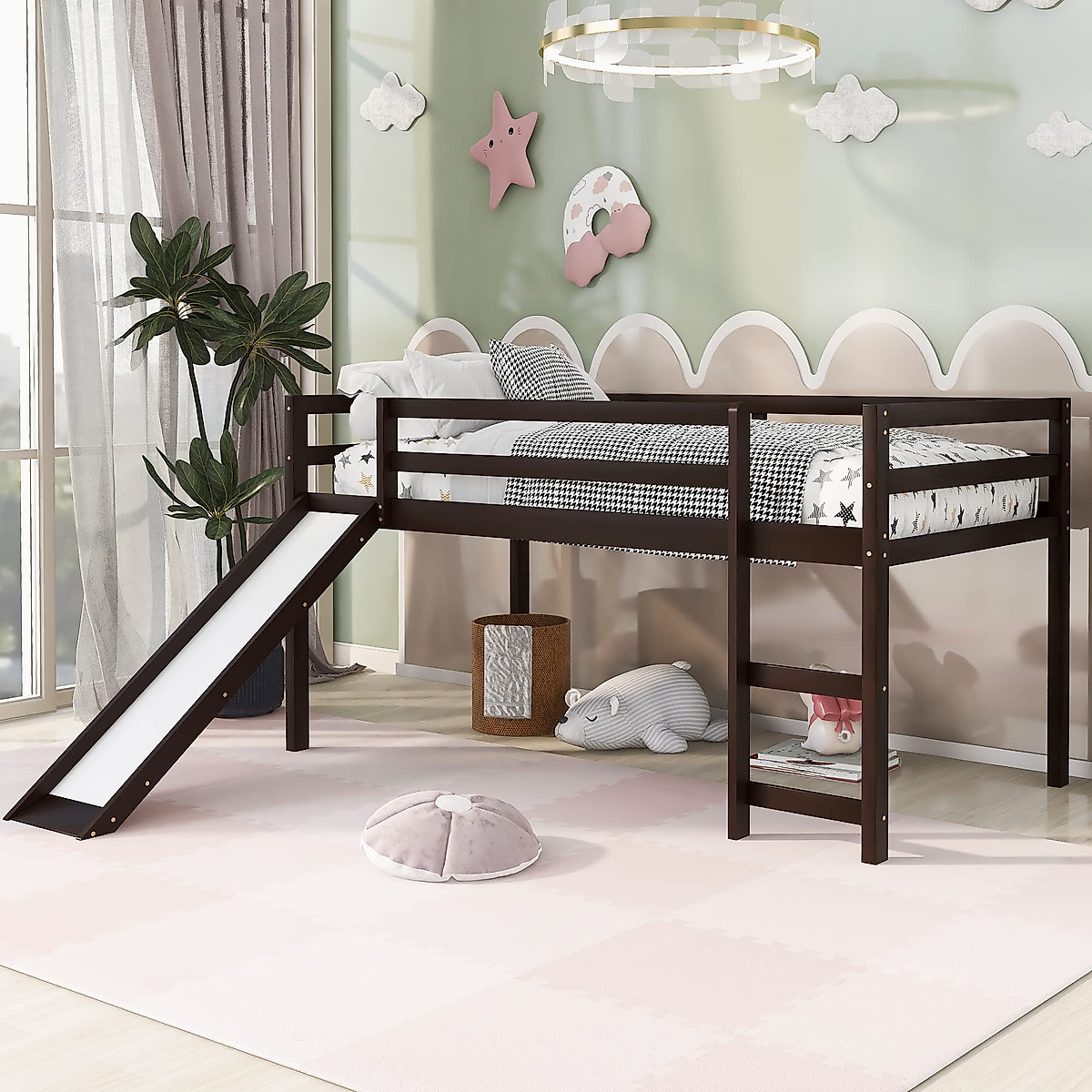 Harper & Bright Designs Kids Low Loft Bed with Slide, Twin Size Wooden Loft Bed Frame, Espresso