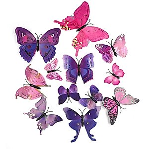 Ruwado 12 Pcs Purple Butterflies Double Wings Refrigerator Magnets Wall Decal Removable Sticker Decoration for Home Kitchen Kids Room Bedroom Office Theme Parties Classroom Window Décor (Purple)