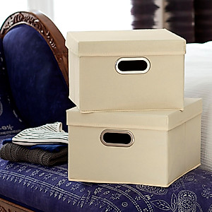 Household Essentials Fabric Storage Boxes with Lids and Handles, Natural