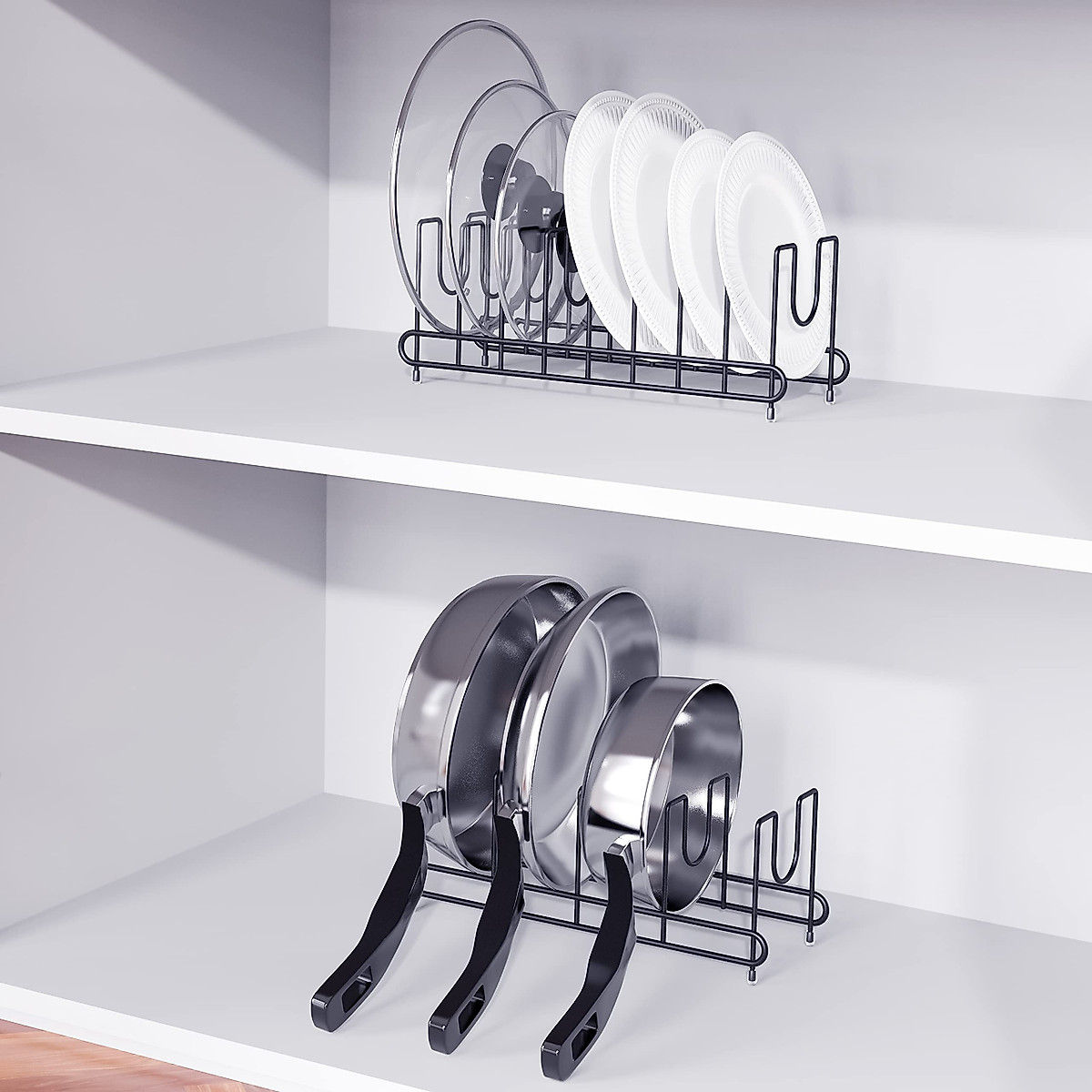 [Pack of 2] Pan Lid Organizer, Pan Organizer for Kitchen Inside Cabinet, Lid organizer for the pots and pans, Plates Holder Organizer for the Lid, Dish, Baking Pan, Chopping Board on Countertop (Black)