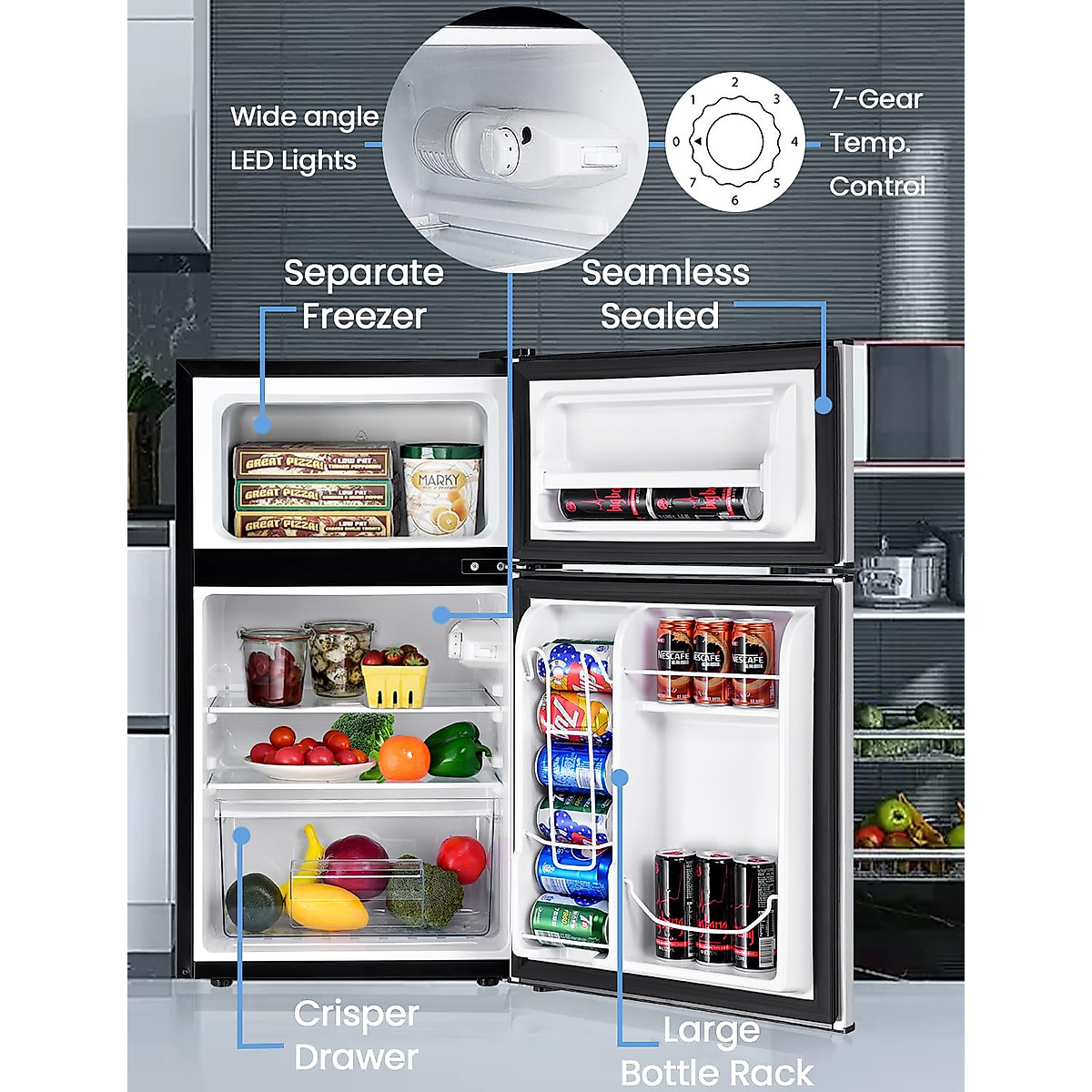 Nafort Mini Fridge with Freezer, 3.2Cu.ft 2-Door Compact Refrigerator with Reversible Door, Removable Glass Basket/Shelves & Recessed Handle for Home, Bedroom, Office, Dorm, Garage (Grey)