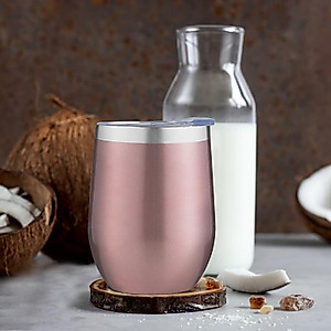 MEZMUT 12 Oz Insulated Wine Tumbler with Lid Double Wall Vacuum Stainless Steel Wine Glass Coffee Mug Insulated Tumbler Cup for Champaign, Cocktail, Beer (Rose Gold, 1 Pack)