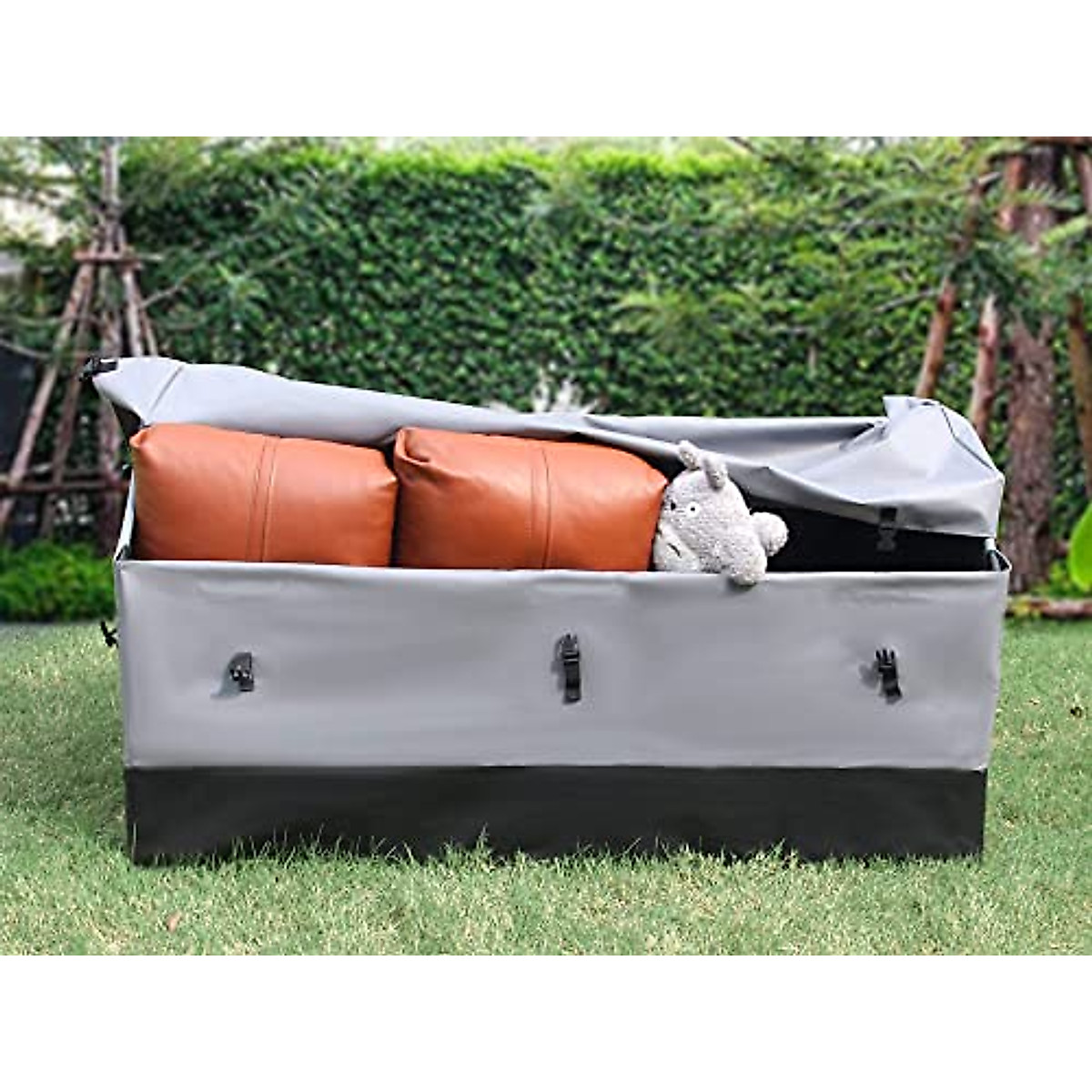 FVSCM 172 Gallon Outdoor Storage Box Waterproof, Portable Soft Deck Box for Outdoor Cushions, Throw Pillows, Garden Tools, Pool Towel and Accessories, Grey & Black