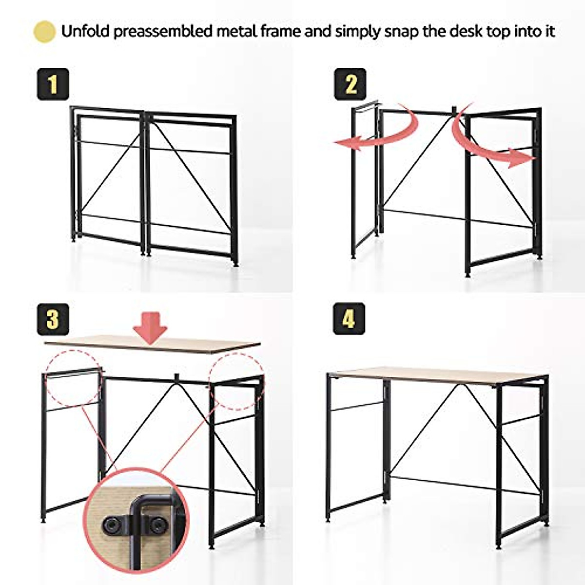 SOFSYS Modern Folding Computer Writing Desk for Small Space, Gaming, and Home Office Organization, Foldable Industrial Metal Frame with Sturdy Desktop for Students or Small Business, Oak/Black