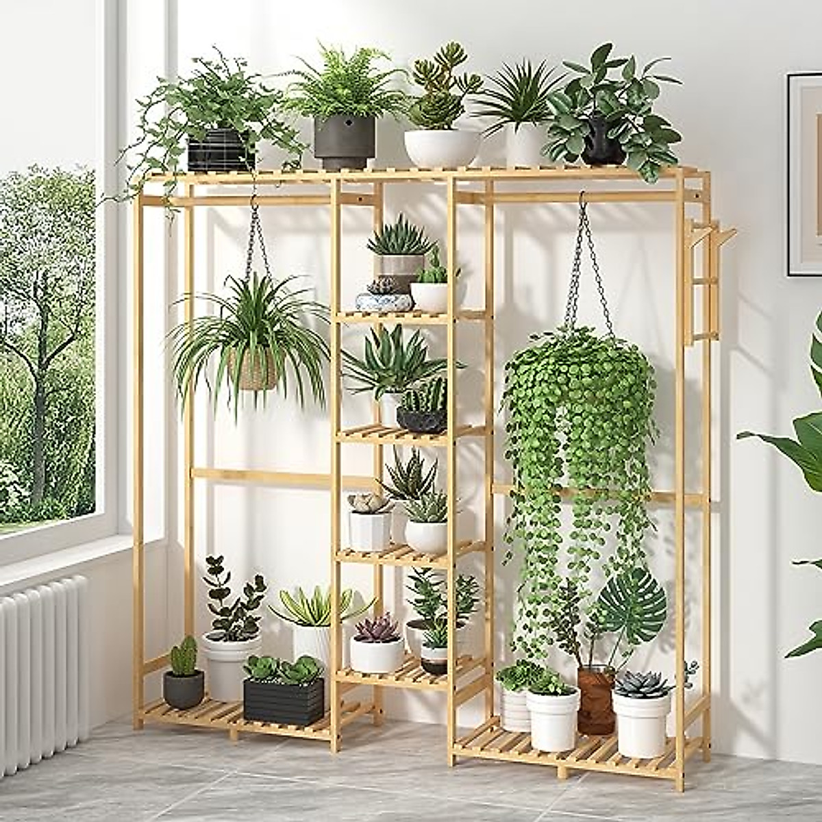 UDEAR Garment Rack Bamboo Clothes Rack for Hanging Clothes,Clothing Racks Storage Organizer with 2 Rods,5 Shelves and 2 Hooks,Multi-Functional Wardrobe Closet