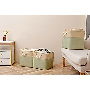 Large Cube Storage Baskets Organizer (10.5" x 10.5" x 11") for Clothes Toys Towel Books, Canvas Fabric Sturdy Collapsible Storage Boxes with Cotton Handles for Closet, Shelves (Green/Brown, 6 Pack)