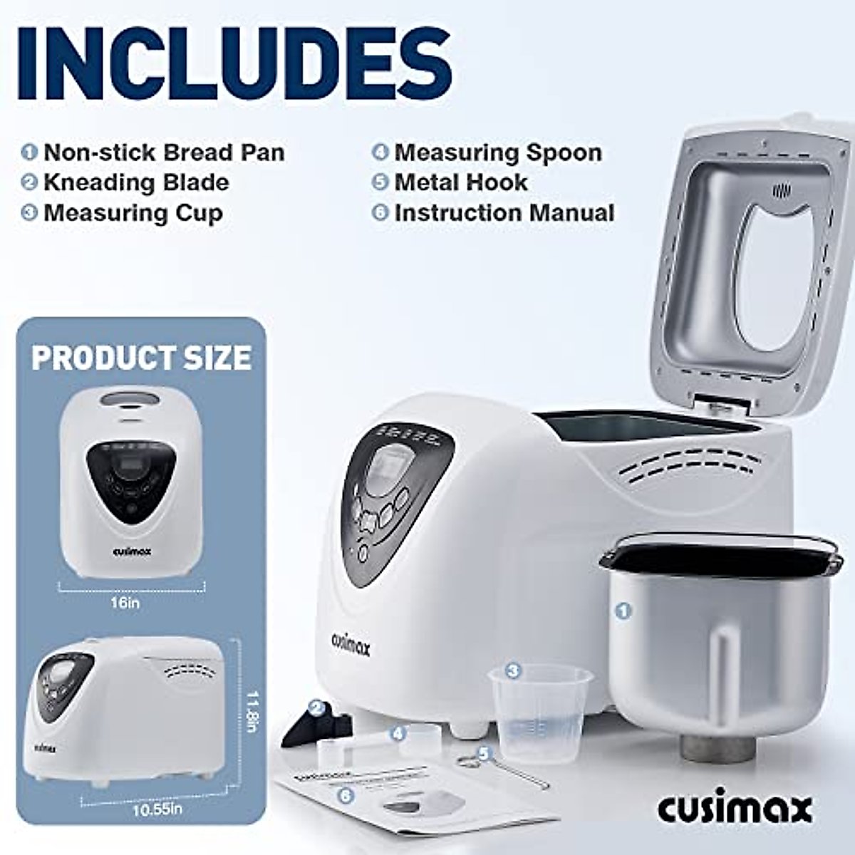 CUSIMAX Bread Machine, 2 LB Loaf Breadmaker, 15-in-1 Bread Maker Machine for Gluten Free Bread, 650 W Automatic Bread Making Machine with Nonstick Pan, 15H Delay Timer Settings, 1H Keep Warm, White