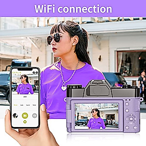 Vlogging Camera for YouTube, 4K 48MP Digital Cameras for Photography with WiFi, 16X Digital Zoom Manual Focus 52mm Wide-Angle Lens & Macro Lens, 32G Micro Card and 2 Batteries (Purple)