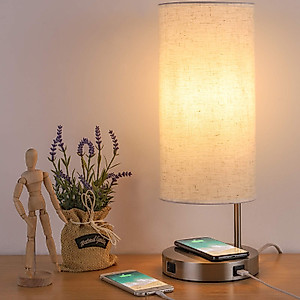 Wireless Charger Table Lamp, Bedside Lamp with USB Port and Wireless Charging Pad, Nightstand Lamp with Round Flaxen Fabric Shade for Bedroom Living Room College Dorm Office, Satin Nickel