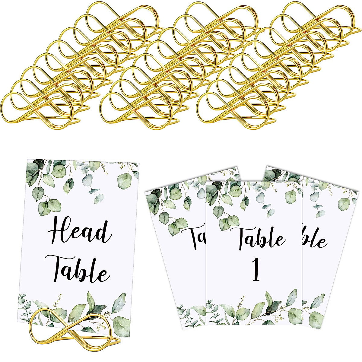 26 Pieces Wedding Table Numbers with 26 Gold Table Number Holders Greenery Eucalyptus Table Numbers for Wedding Reception Table Cards with Head Gold Seating Label for Anniversary Birthday Bridal Party