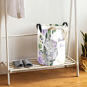 Elephant Purple Floral Garden Storage Bin, Waterproof Oxford Fabric Clothes Basket Organizer for Laundry Hamper,Toy Bins,Gift Baskets, Bedroom, Clothes,Baby Nursery