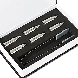 Bullet Whiskey Chillers Stones - 1.75in Whiskey Rocks by The Wine Savant Set of 6 - Stainless Steel Bullet Shaped Ice Cubes, Gift Box Come, Tongs and Storage Bag, Whiskey or Scotch Rocks (Silver)