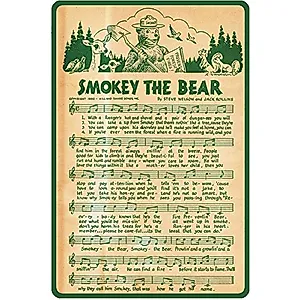 Smokey The Bear Music Score Retro Metal Tin Sign Vintage Aluminum Sign for Home Coffee Wall Decor 8x12 Inch
