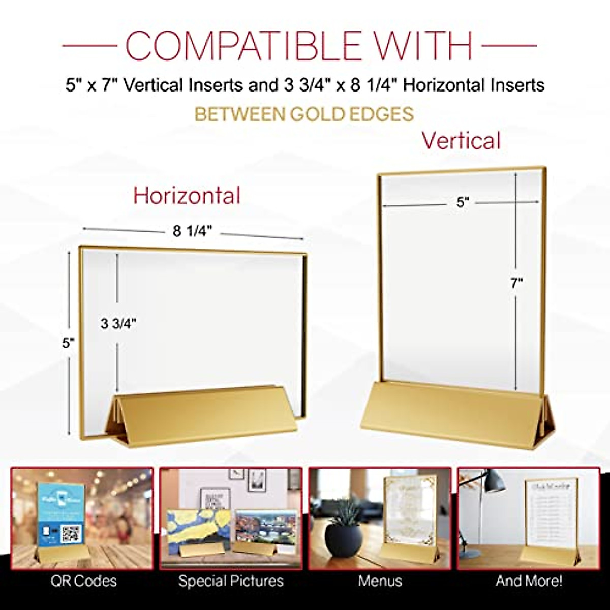 Prime Designs Gold 5x7 Picture Frame, Acrylic Sign Holder 5x7 with Gold Border for Restaurant, Gold Table Number Holders, Gold Frames 5x7, Clear Card Holder, Wedding Table Numbers, Double Sided Picture Frames, Vertical or Horizontal Anniversary Card holde