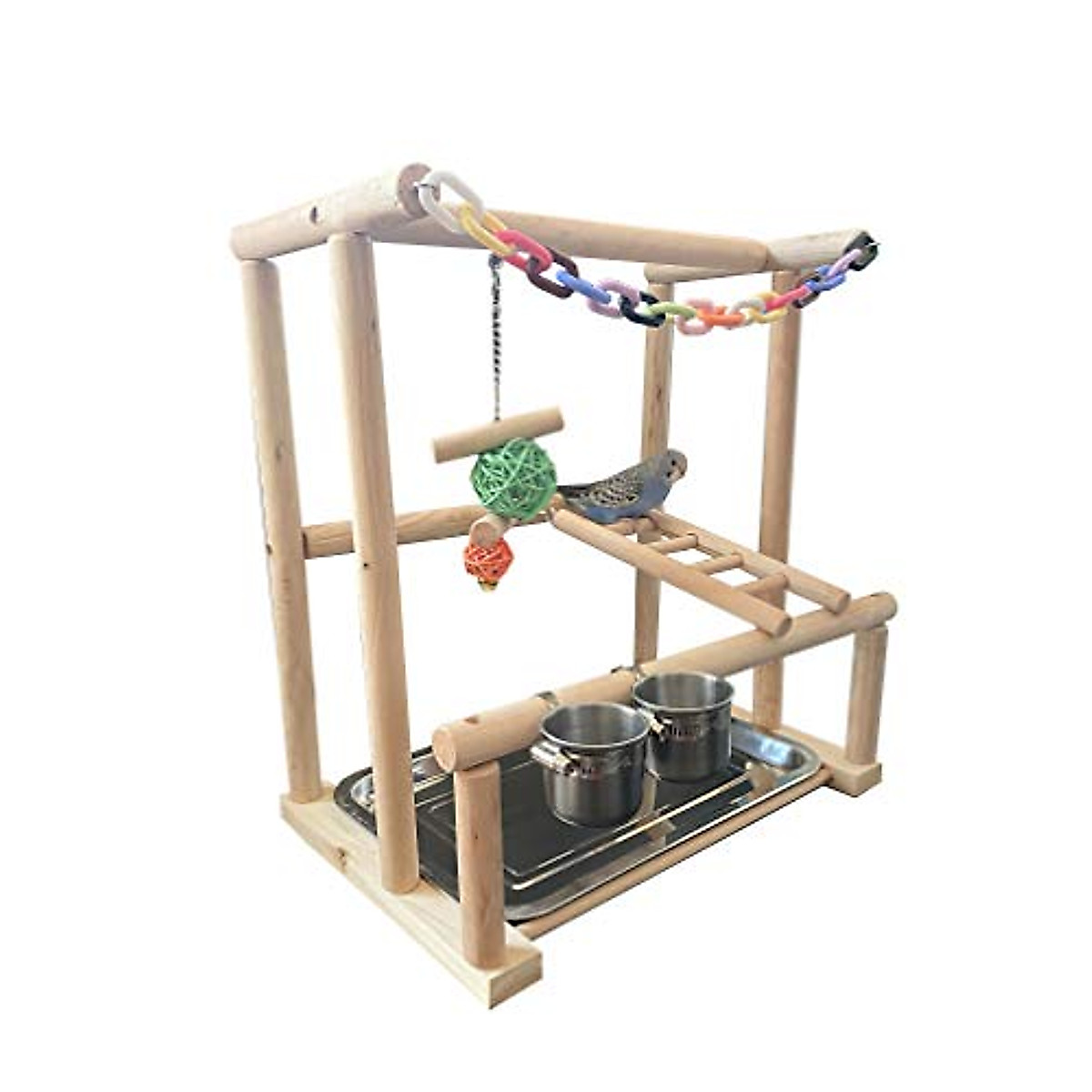 NAPURAL Bird Playground Bird Play Stand Cockatiel Playground Wood Perch Gym Playpen Ladder with Feeder Cups Toys Exercise Play (Include a Chewing Toy)