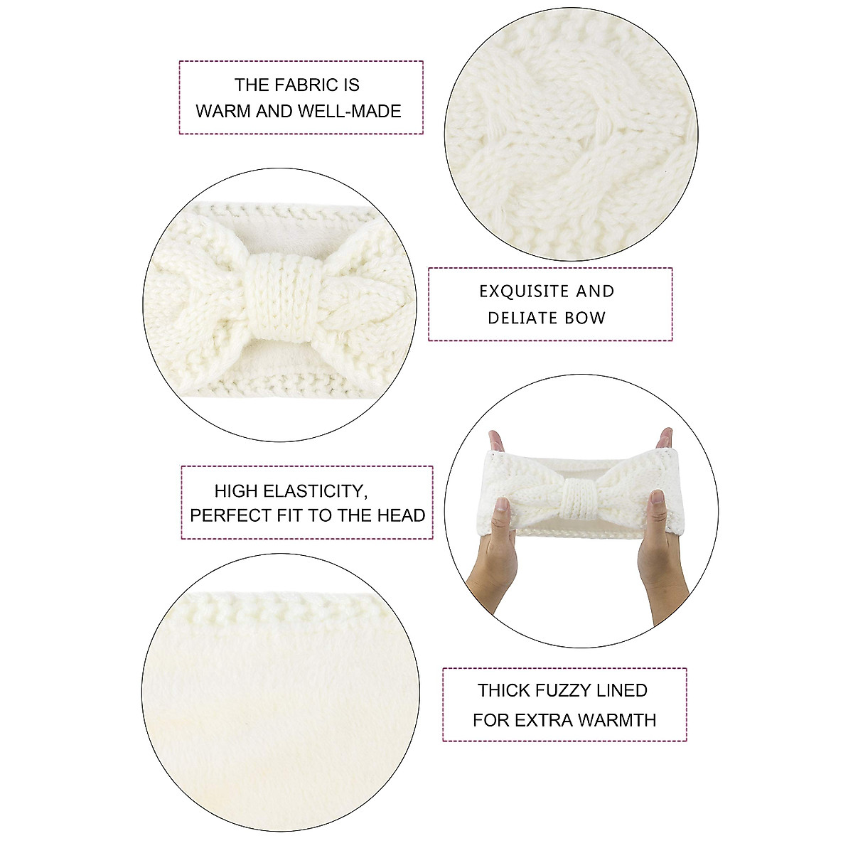 Muryobao 2 Pack Women Winter Warm Headband Fuzzy Fleece Lined Thick Cable Knit Ear Warmer Stretchy Crocheted HeadWrap Black & White