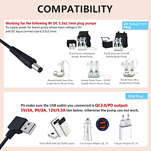 Wamlet 9V USB Adapter Charger for Purely Yours Ultra, Purely Yours w/Backpack, Purely Yours w/Carry All, Purely Yours UNA Single Electric, Purely Yours -I7070P Doulbe Electric Breast Pumps