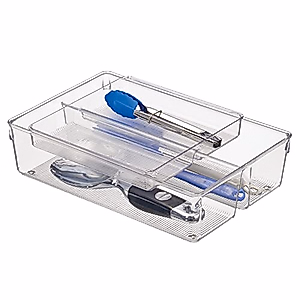 mDesign Plastic Stackable Kitchen Storage Drawer Organizer Bin with 2-Tier Tray for Cabinet, Pantry, Drawer, Refrigerator, Freezer - Hold Utensils, Flatware, Appliances - Ligne Collection - Clear
