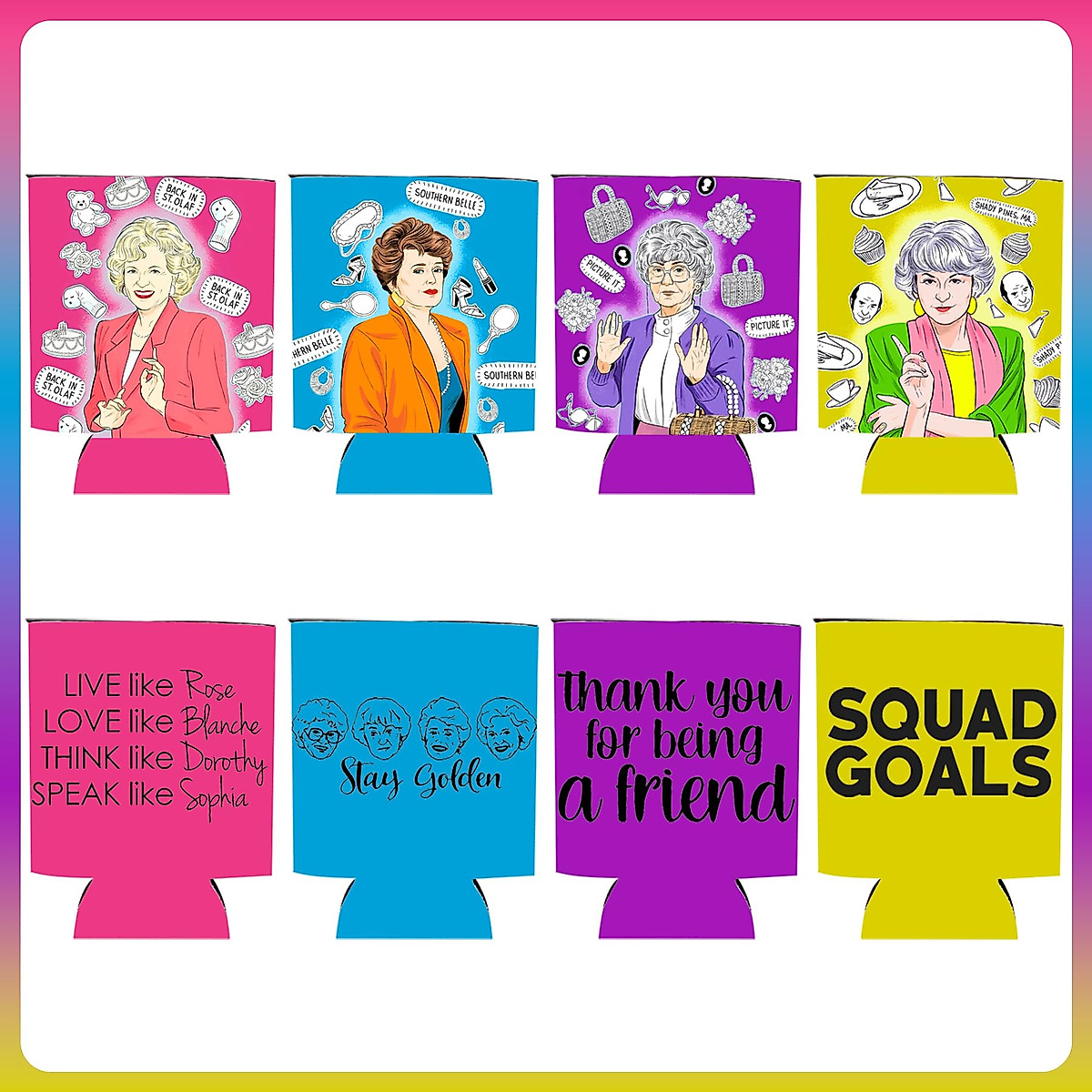 HOMEZZO Golden Girls Themed Party Can Coolers, 8 Pcs Funny Golden Girls Can Sleeves for Girls Party