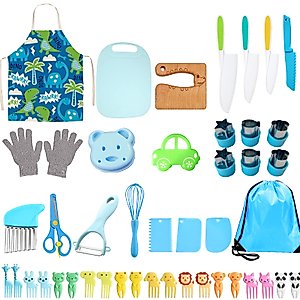 44 PCs Kids Knife for Real Cooking, Hombae Toddler Cooking Set Safety Wooden Plastic Knives Cutting Board Bread Fruit Fork Crinkle Cutter Peeler Scissor Cream Scraper Egg Beater Glove Apron Bag Blue