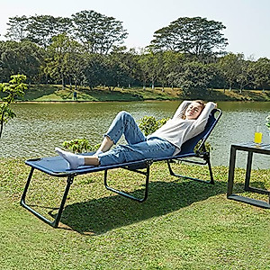 PRAISUN Folding Lounge Chair for Outside, Chaise Lounge for Outdoor, Tanning Chair with 5-Position Backrest, Sun Lounger Chair with Detachable Pillow, Fabric Bag, for Pool, Garden - Navy Blue