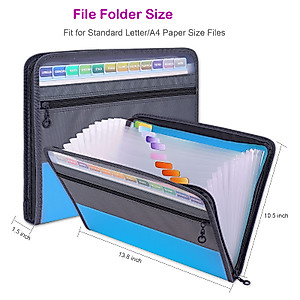 MEGREZ Expanding File Folder with 13 Pockets, A4 Paper File Folder with Zipper Color Labels, Waterproof Accordion File Folder Organizer for Home Office, Blue