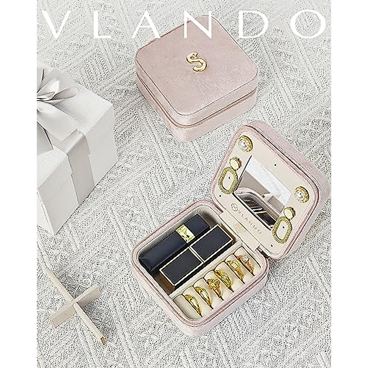 Vlando Travel Jewelry Case, Small Personalized Case, L Initial, Jewelry Organizer, Birthday Gift for Women Mom Grandma, Pink