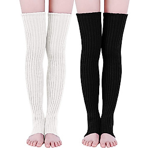 Sumind 2 Pairs Women Long Stirrup Leg Warmers Winter Knitted Over Knee Thigh High Long Socks 80s (Black and White)