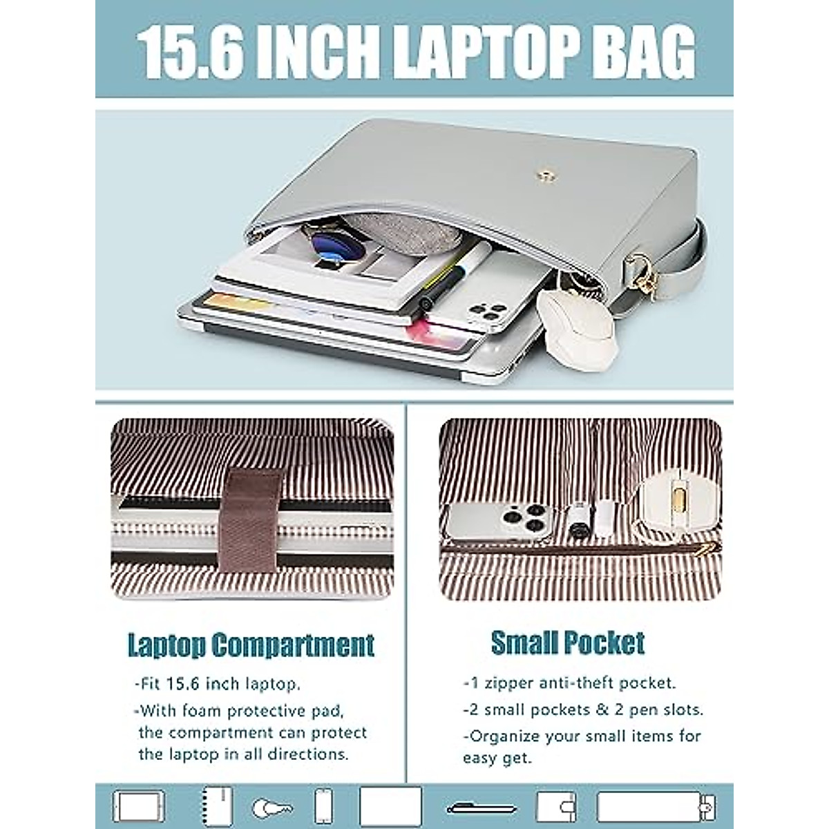 Leather Laptop Bag for Women 15.6 inch, MATEIN Messenger Bags Professional Office Work Briefcase Waterproof Business Computer Case, Stylish College Satchel Lady Crossbody Shoulder Bag for Travel, Grey