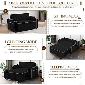 Velvet Pull Out Sleeper Sofa Bed with USB Ports, Convertible Futon Couch with Cup Holders and Pockets, 3 in 1 Modern Loveseat with Adjustable Backrest, Small Love Seat for Living Room, Office, Black