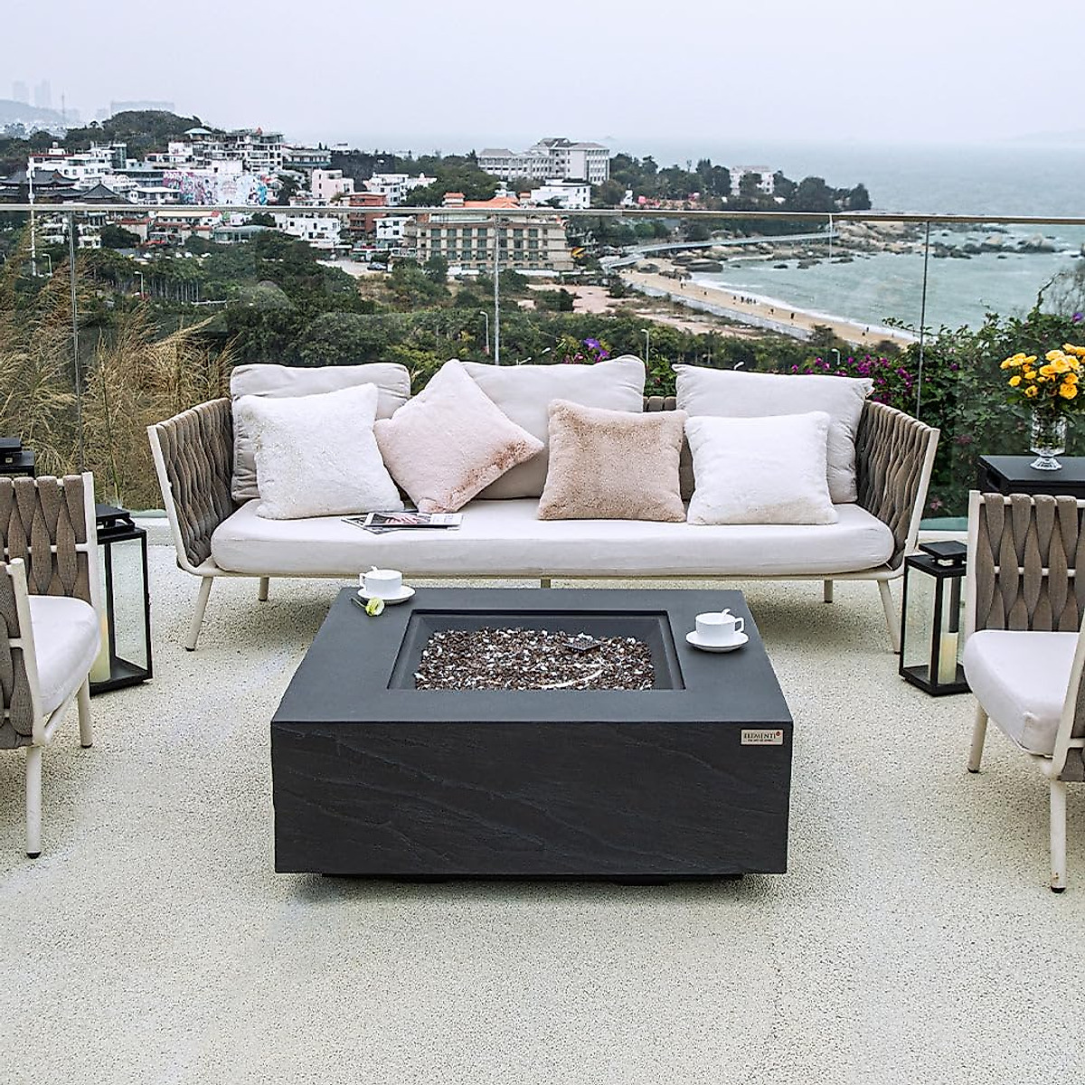 Roraima Concrete Fire Pit 40" x 40" Outdoor Patio Firepit Includes Fire Glass Modern Fire Pits & Outdoor Fireplaces for Garden, Deck, Indoor & Outdoor Heating