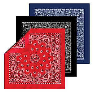 B53 100% Cotton Bandanas Made in the USA - Stylish Headband, Handkerchief, Scarf - 21 inch x 21 inch (Red, Navy, Black (3-pack))