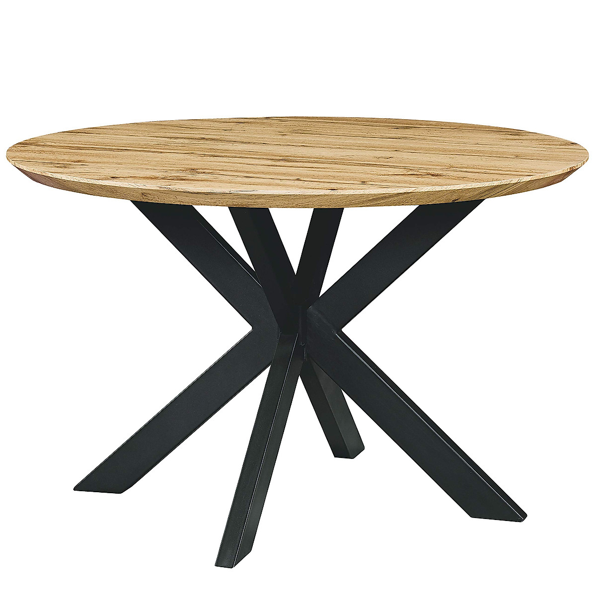 LeisureMod Ravenna 47" Round Wood Dining Table with Geometric Metal Base (Natural Wood)