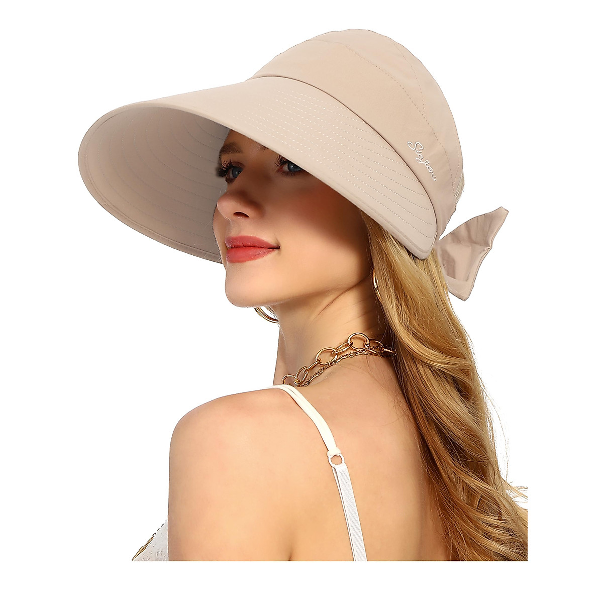 Sun Visor Hat for Women Wide Brim Ponytail Hole UV Protection Summer Cap Packable UPF 50+ Travel Outdoor(Beige)