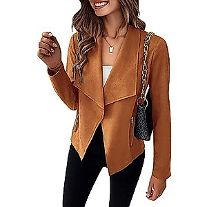 PRETTYGARDEN Women's Faux Suede Jackets 2023 Fall Clothes Long Sleeve Open Front Cropped Coat Outwear (Brown,Medium)