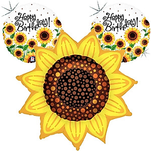 Sunflower Sunshine Happy Birthday Balloons - Set Of 3 Sun Shaped Party Balloon Decorations For A Sunflower Theme Baloon Bouquet Centerpiece Backdrop Decor