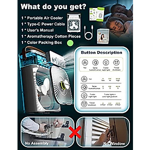 4-IN-1 Portable Air Conditioners Fan, Personal Mini Air Conditioner with 3-Speeds/5 Humidifier Misting Hole/7 Colors Light, USB Handle Evaporative Cooler with Auto Timer for Room Office Travel (ST-02)