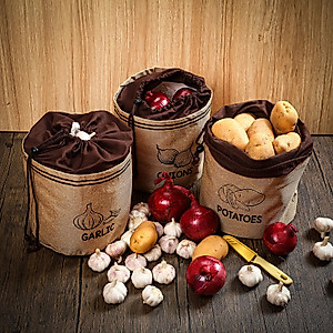 Wowangce 3 Pcs Onion Bags with Drawstring Sustainable Potato Bags with Blackout Lining Storage Farmhouse Kitchen Potato Sacks Food Potato Onion Garlic Storage Container for Pantry (Classic,Barncloth)