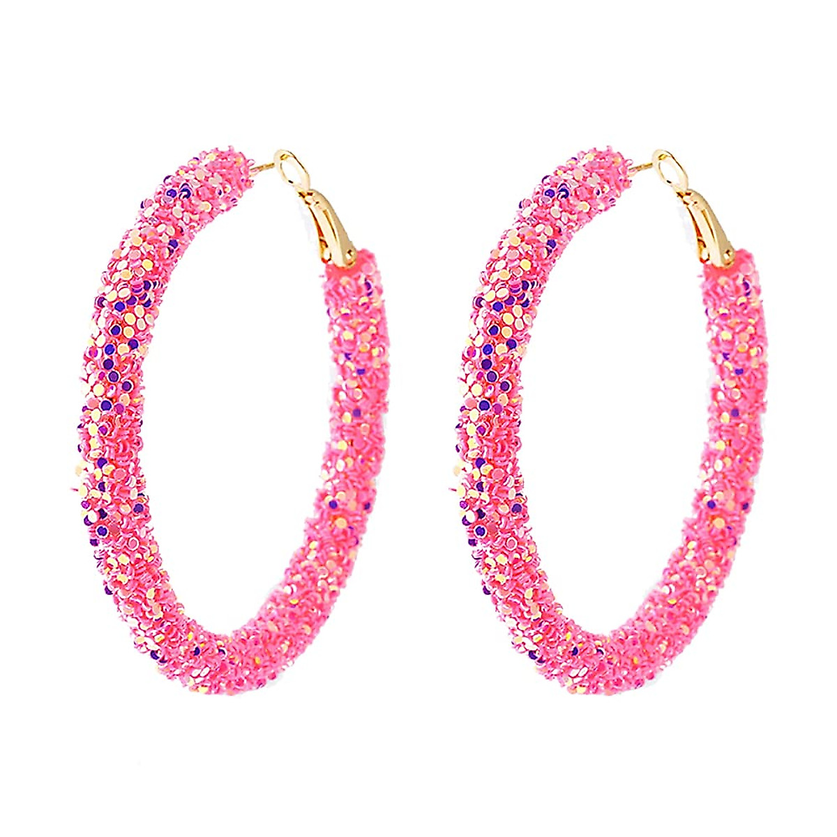 Bohemian Shiny Glitter Sequins Hoop Earrings Wrapped Gold Plated Circle Statement Rhinestone Dangle Drop Earrings for Women Boho Jewelry-pink