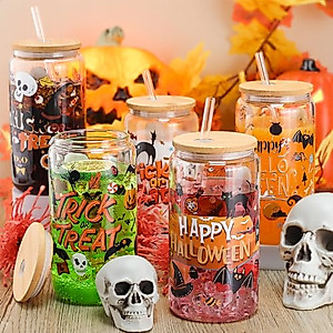 pengtai Halloween Gifts Cups,Halloween Glass Tumbler,16oz Halloween Iced Coffee Cups With Lids and Straw,Can Shaped Glassware Halloween Party Favors Pumpkin Ghost Cups Gift Set of 8