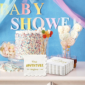 Sayglossy 100 Pcs Baby Shower Napkins the Adventure Begins White Scalloped Gold Foil Paper Napkins for Baby Shower Decorations Disposable Cocktail Napkins for Wedding Graduation Party, 5 x 5 In