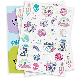 xo, Fetti Space + Planets Glow in Dark Temporary Tattoos for Kids - 50 pcs | Alien Birthday Party Supplies, Astronaut Favors + Rocket ship Decorations