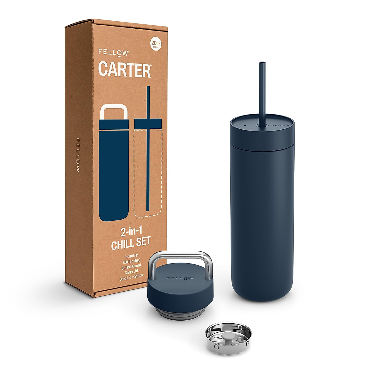 Fellow 20 oz Carter Water Bottle with 2 Lids - Leak-Proof Lid with Metal Handle - Cold Lid with Straw - Ceramic Interior & Vacuum-Insulated Stainless Steel - Stone Blue
